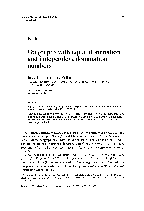 (PDF) On graphs with equal domination and independent domination numbers