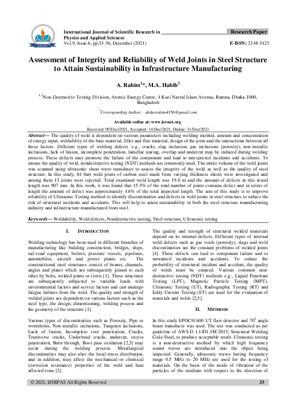 (PDF) Assessment of Integrity and Reliability of Weld Joints in Steel ...