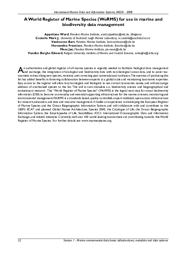 (PDF) A World Register of Marine Species (WoRMS) for use in marine and ...