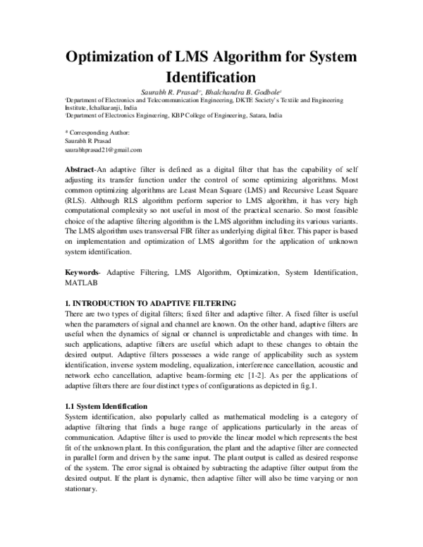 Pdf Optimization Of Lms Algorithm For System Identification 0322