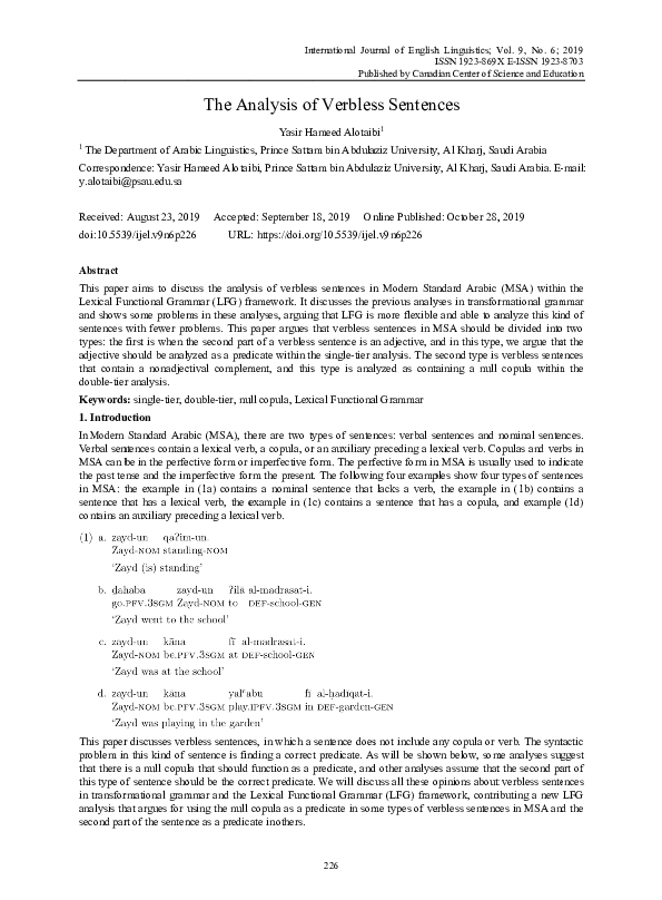 (PDF) The Analysis of Verbless Sentences