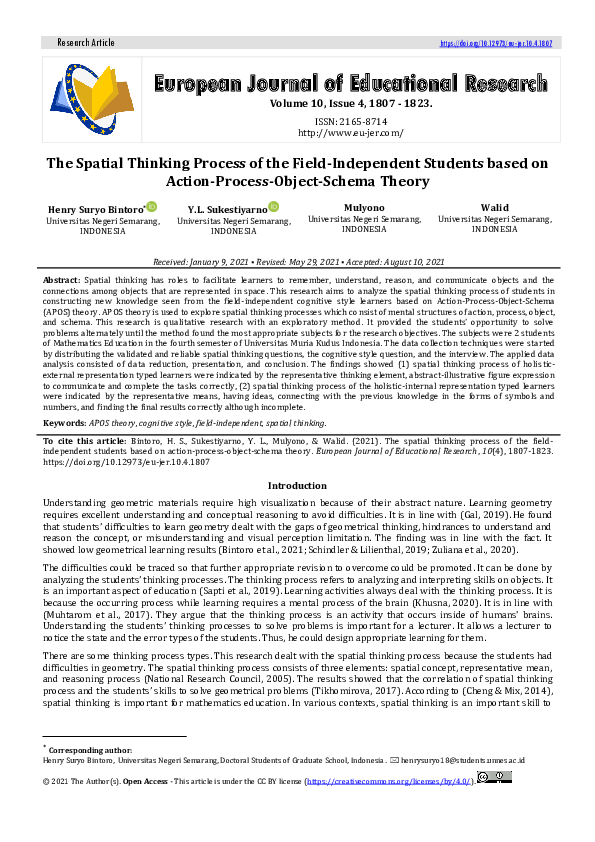 (PDF) The Spatial Thinking Process of the Field-Independent Students based on Action-Process ...