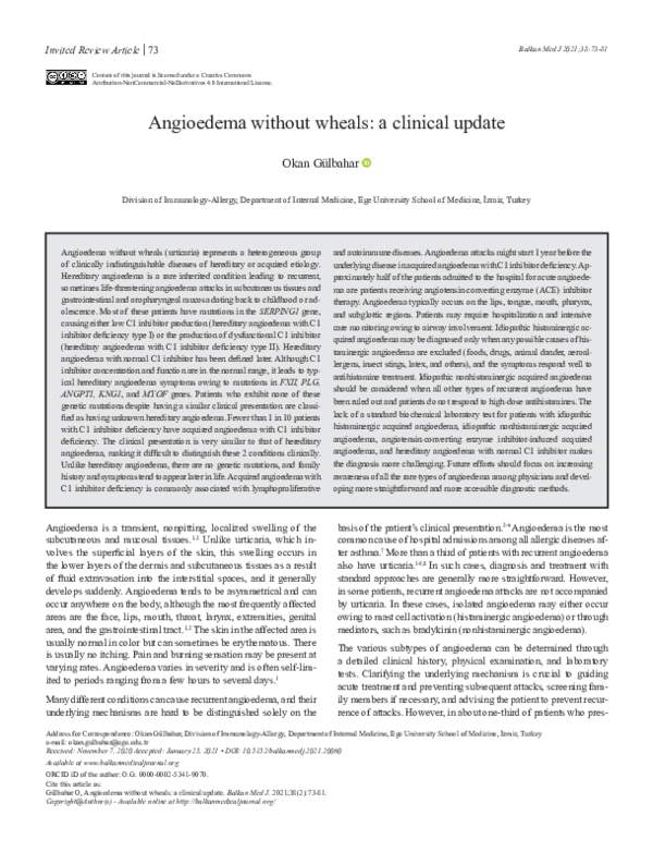 (PDF) Angioedema without wheals: a clinical update