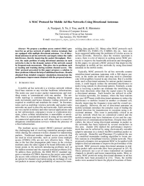 (PDF) A MAC protocol for mobile ad hoc networks using directional antennas
