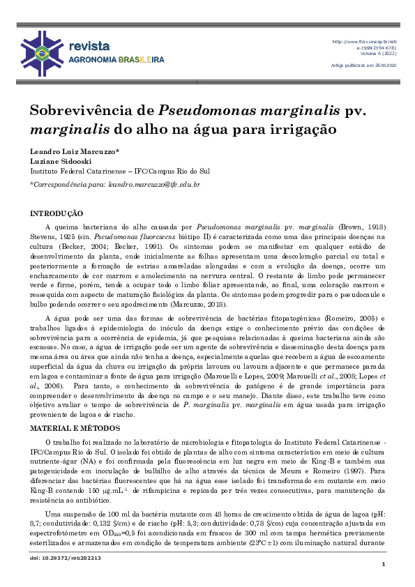 (PDF) Sobrevivência de Pseudomonas marginalis pv. marginalis do alho na ...