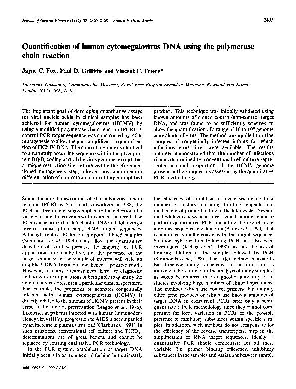 (PDF) Quantification of human cytomegalovirus DNA using the polymerase ...