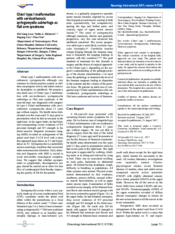 (PDF) Chiari type I malformation with cervicothoracic syringomyelia subterfuge as flail arm syndrome