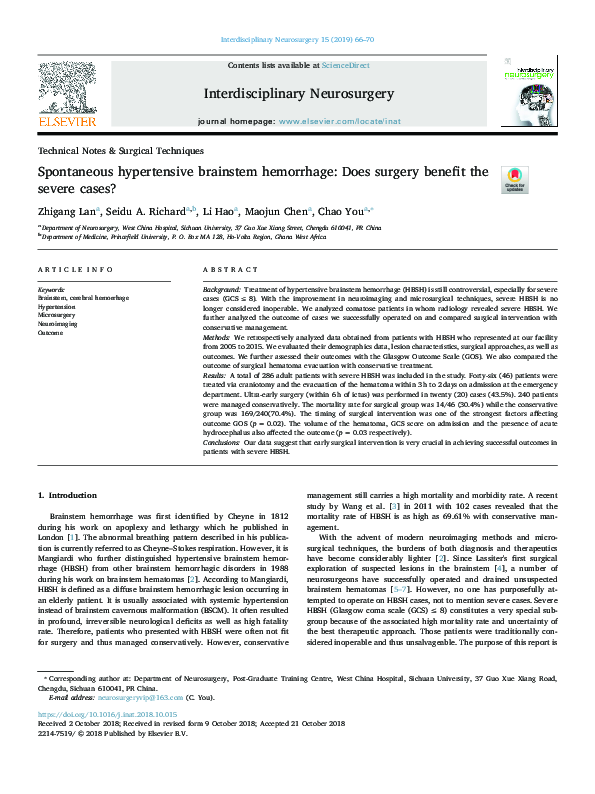 (PDF) Spontaneous hypertensive brainstem hemorrhage: Does surgery benefit the severe cases?