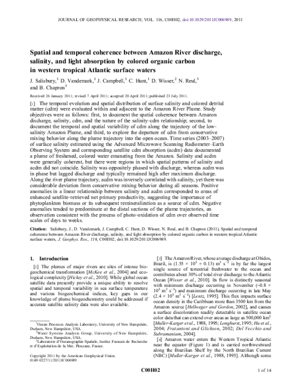 (PDF) Spatial and temporal coherence between Amazon River discharge, salinity, and light ...