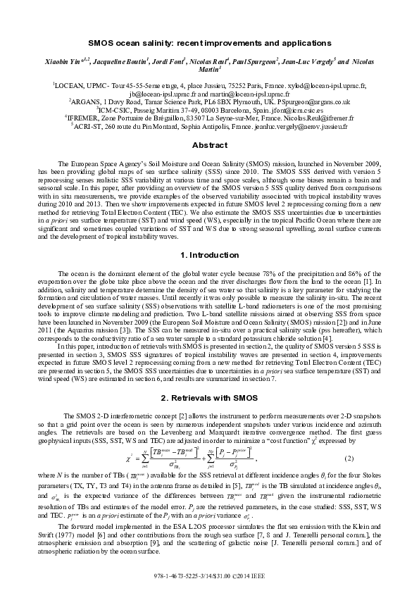 (PDF) SMOS ocean salinity: Recent improvements and applications