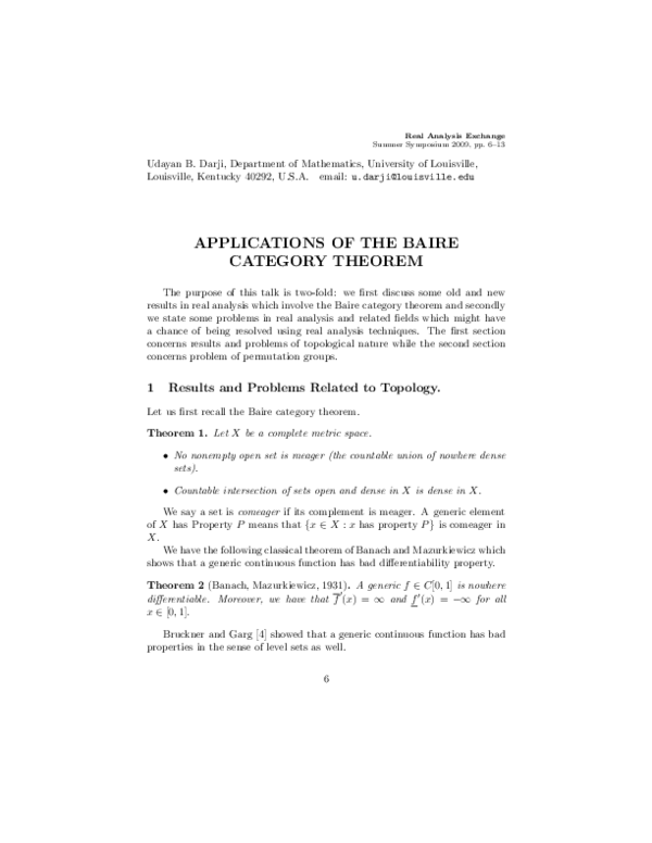 (PDF) Applications of the Baire Category Theorem