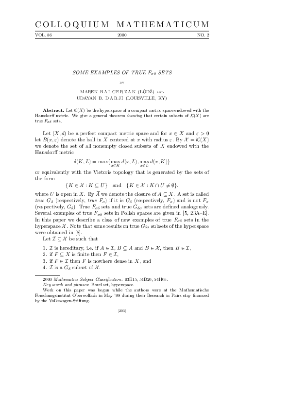(PDF) Some examples of true $F_{σδ}$ sets