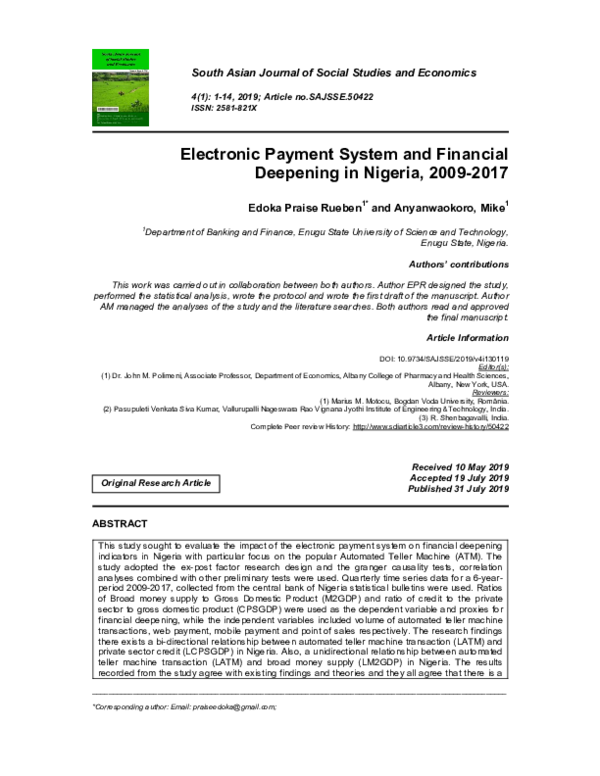 (PDF) Electronic Payment System and Financial Deepening in Nigeria, 2009-2017