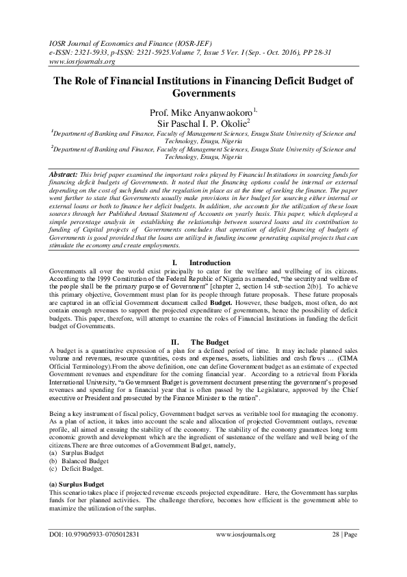 (PDF) The Role of Financial Institutions in Financing Deficit Budget of ...