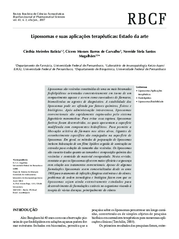 (PDF) Lipossomas e suas aplicações terapêuticas: estado da arte