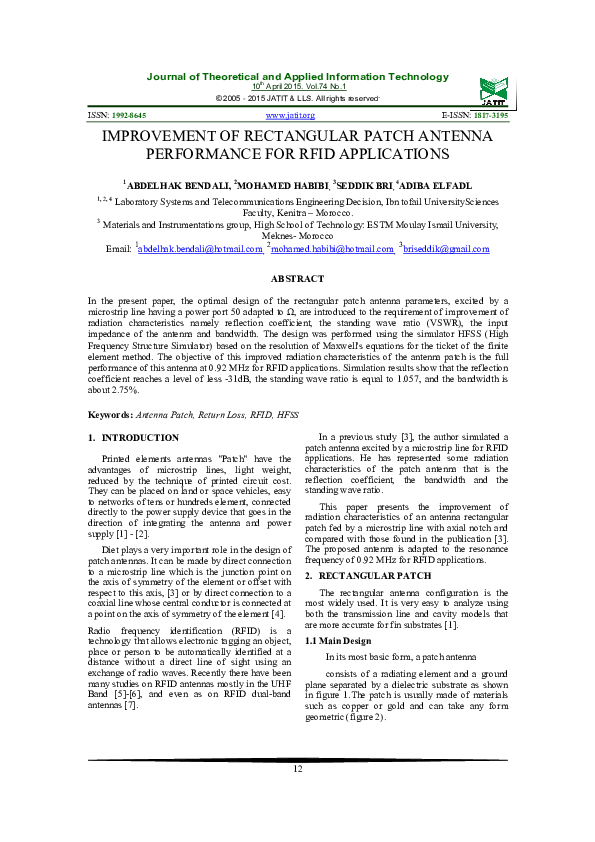 (PDF) Improvement of Rectangular Patch Antenna Performance for Rfid Applications
