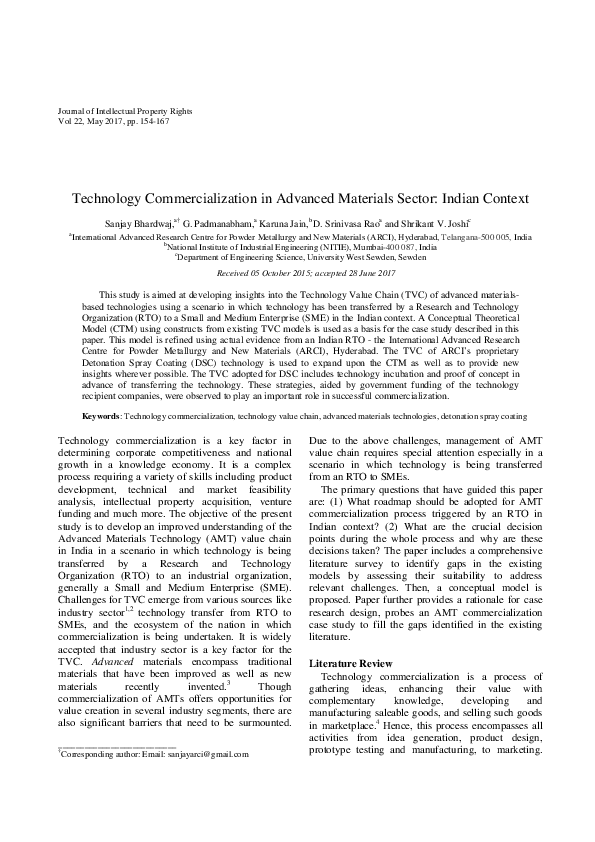 (PDF) Technology Commercialization in Advanced Materials Sector: Indian Context