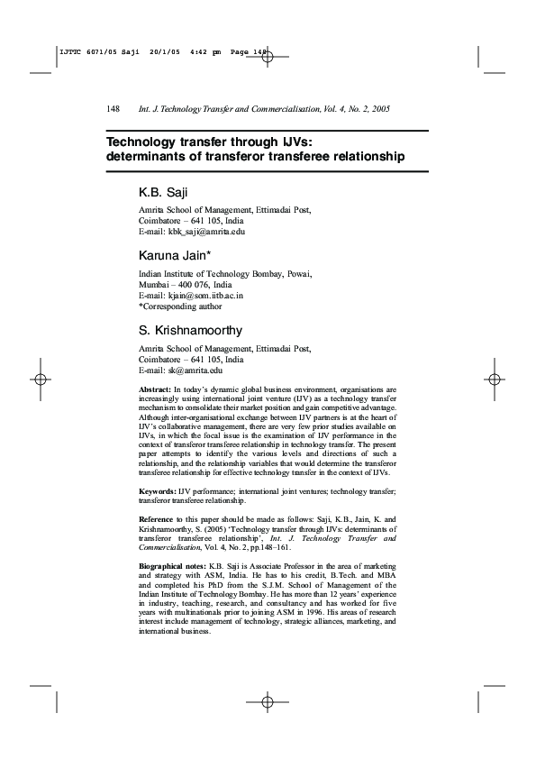 (PDF) Technology transfer through IJVs: determinants of transferor ...