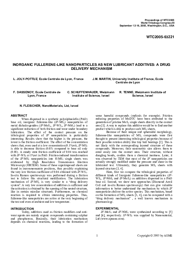 (PDF) Inorganic Fullerene-Like Nanoparticles as New Lubricant Additives: A Drug Delivery Mechanism