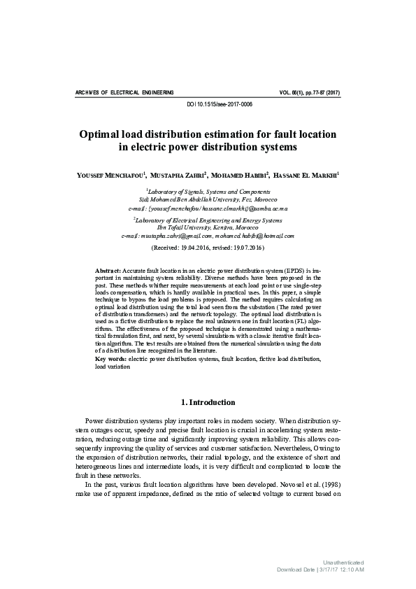 Pdf Optimal Load Distribution Estimation For Fault Location In 5624