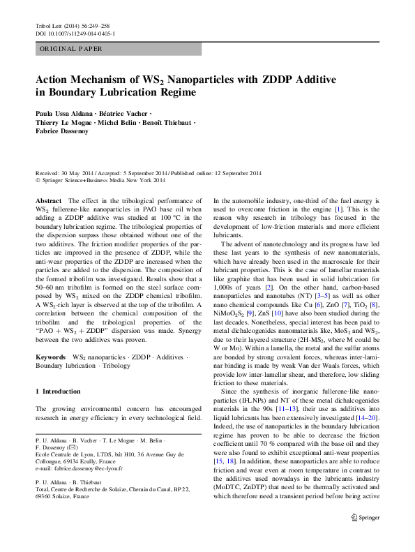(PDF) Action Mechanism of WS2 Nanoparticles with ZDDP Additive in ...