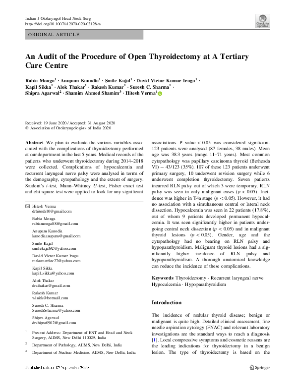 (PDF) An Audit of the Procedure of Open Thyroidectomy at A Tertiary Care Centre