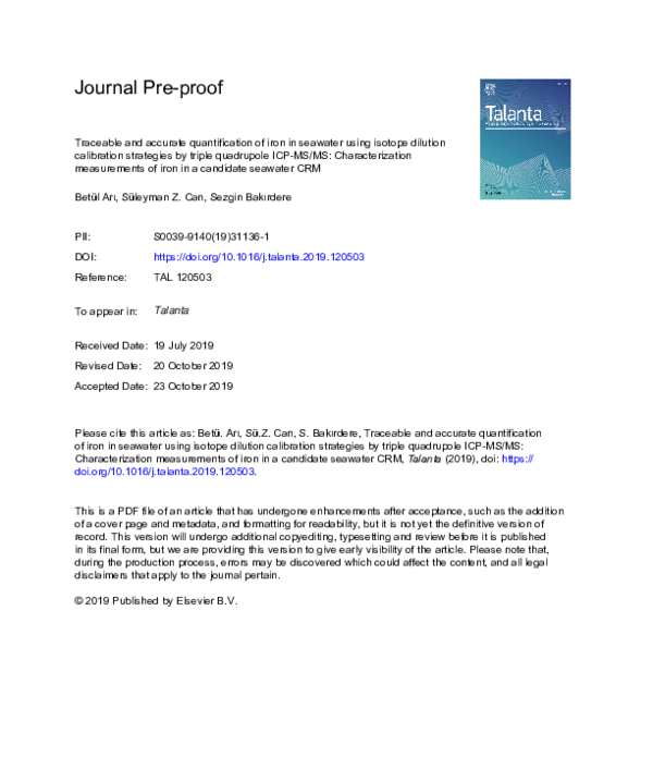 Pdf Traceable And Accurate Quantification Of Iron In Seawater Using