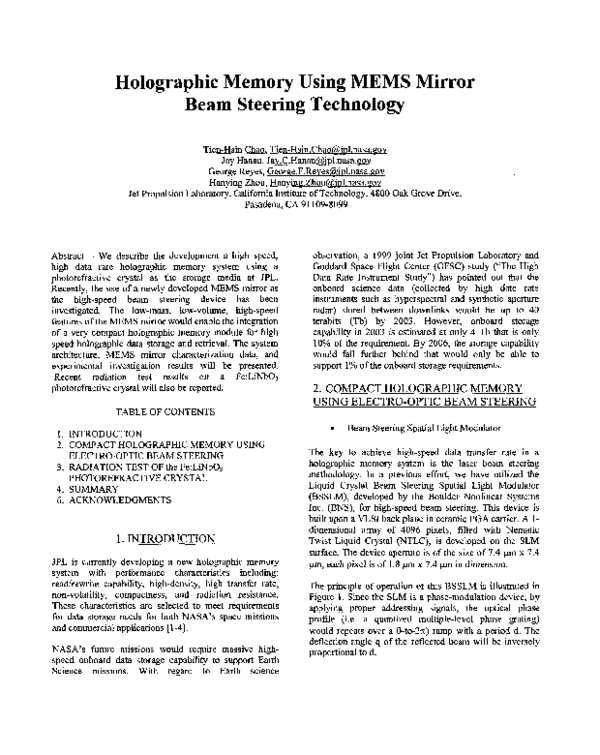 (PDF) Holographic Memory Using MEMS Mirror Beam Steering Technology