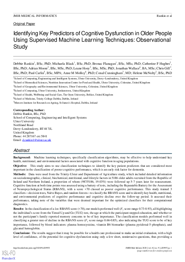 (PDF) Identifying Key Predictors of Cognitive Dysfunction in Older People Using Supervised ...
