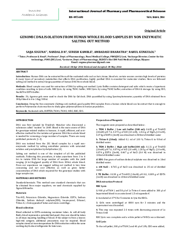 (PDF) GENOMIC DNA ISOLATION FROM HUMAN WHOLE BLOOD SAMPLES BY NON ...