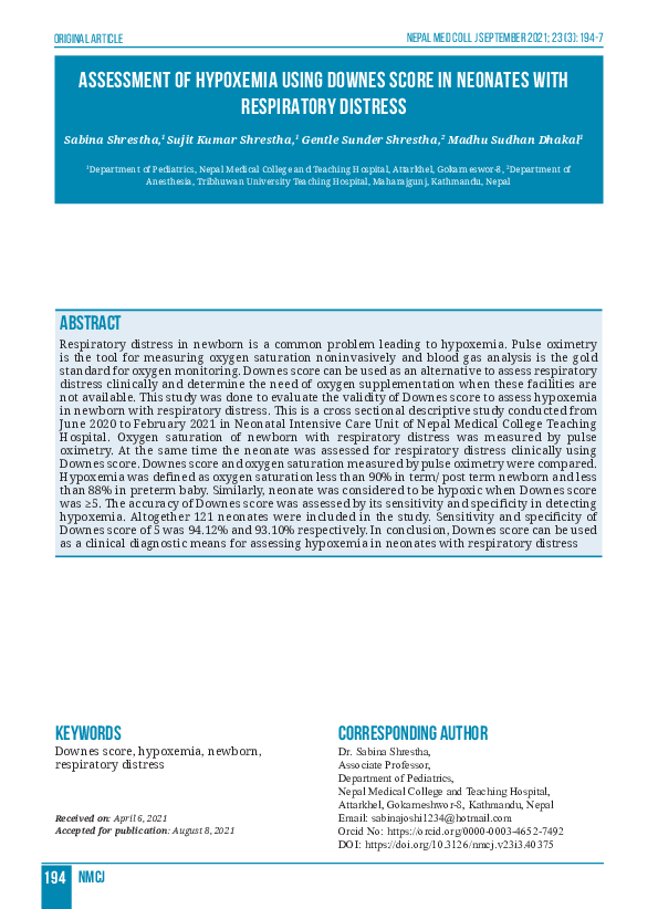 (PDF) Assessment of Hypoxemia using Downes Score in Neonates with ...