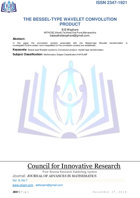 Pdf The Bessel Type Wavelet Convolution Product Principal Mitacsca