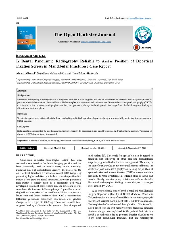 Pdf Is Dental Panoramic Radiography Reliable To Assess Position Of