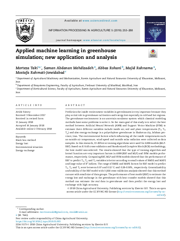 (PDF) Applied machine learning in greenhouse simulation; new application and analysis