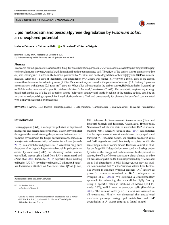 (PDF) Lipid metabolism and benzo[a]pyrene degradation by Fusarium solani: an unexplored potential