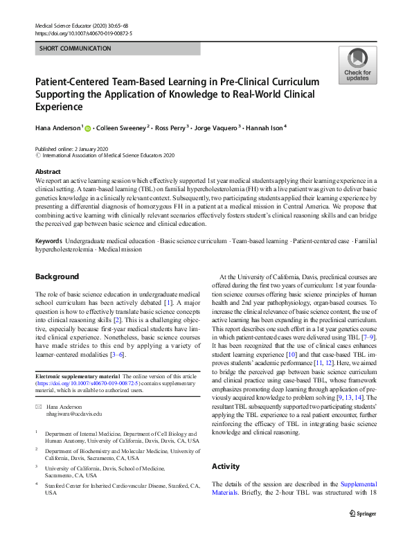(PDF) Patient-Centered Team-Based Learning in Pre-Clinical Curriculum Supporting the Application ...