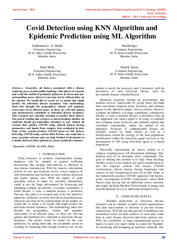 (PDF) Covid Detection using KNN Algorithm and Epidemic Prediction using ML Algorithm