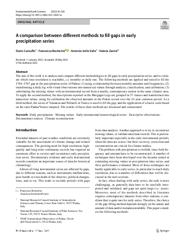 (PDF) A comparison between different methods to fill gaps in early precipitation series