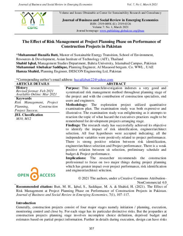 (PDF) The Effect of Risk Management at Project Planning Phase on ...