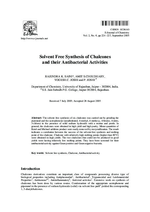 (PDF) Solvent Free Synthesis of Chalcones and their Antibacterial ...