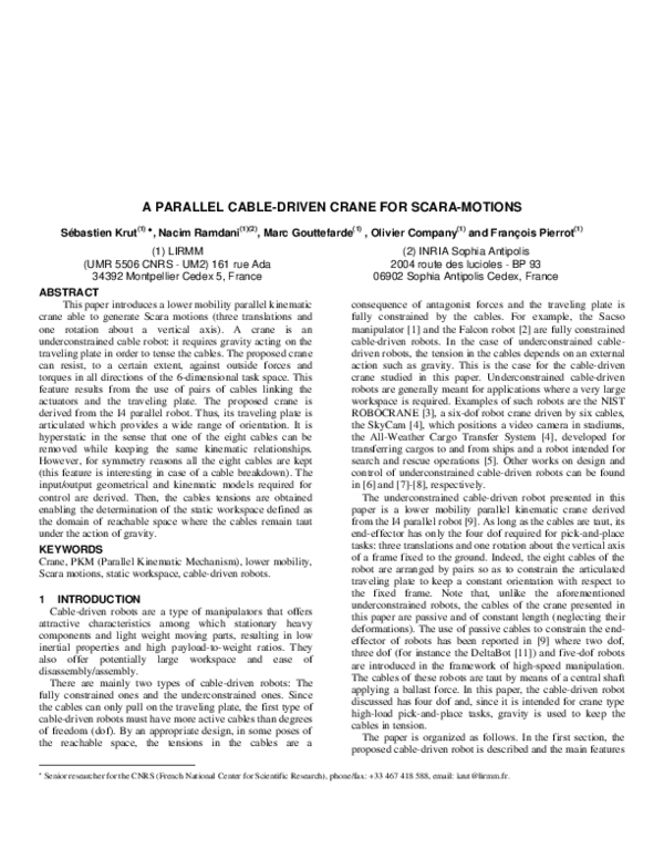 (PDF) A Parallel Cable-Driven Crane for Scara-Motions | F. Pierrot - Academia.edu