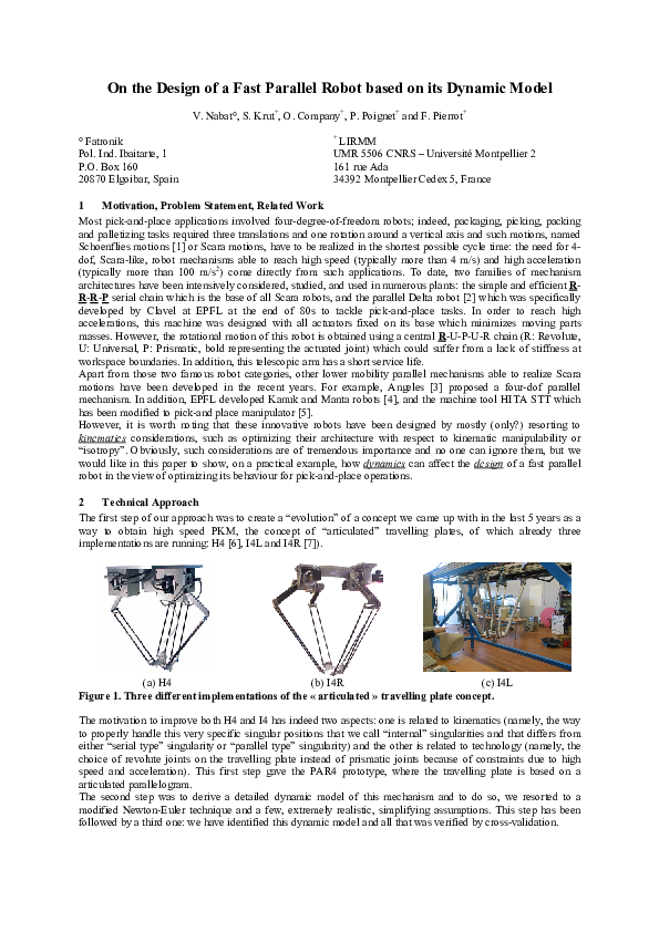 (PDF) On the Design of a Fast Parallel Robot Based on Its Dynamic Model