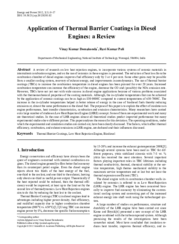 (PDF) Application of Thermal Barrier Coatings in Diesel Engines: a Review