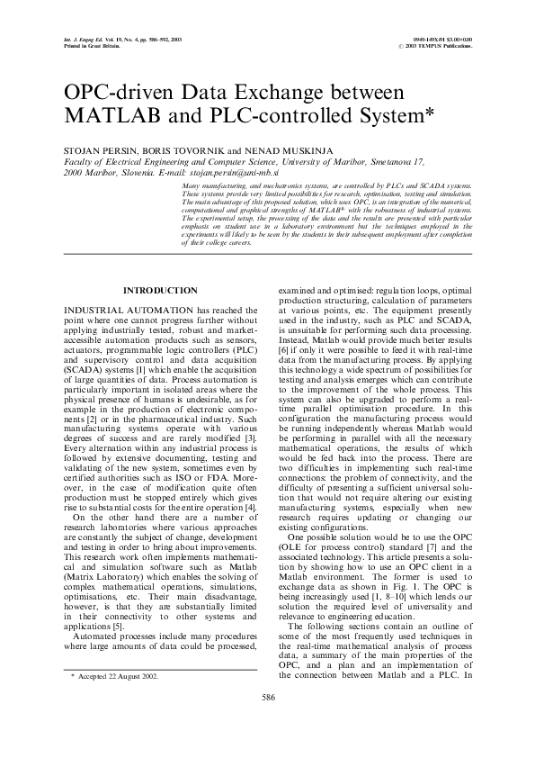 (PDF) OPC-driven Data Exchange between MATLAB and PLC-controlled System*