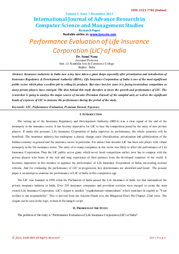 (PDF) Performance Evaluation of Life Insurance Corporation (LIC) of india