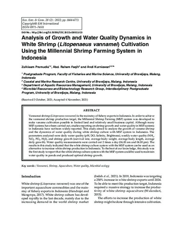 (PDF) Analysis of Growth and Water Quality Dynamics in vannamei white Shrimp (Litopenaeus ...