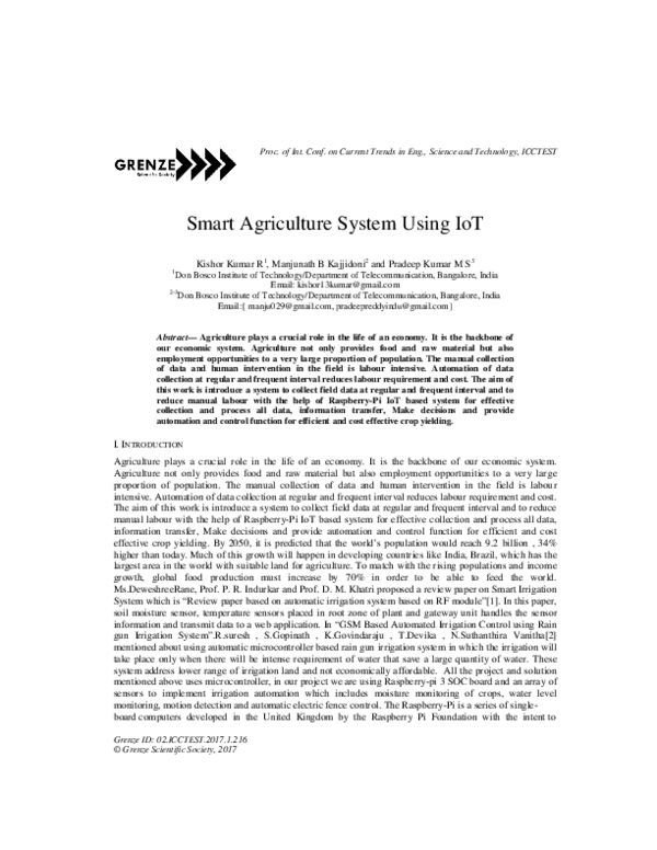 (PDF) Smart Agriculture System Using IoT | Gauri Ithape - Academia.edu