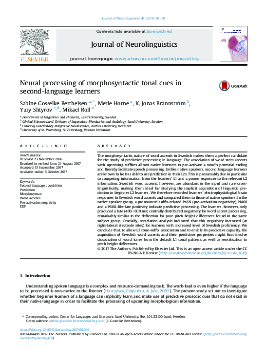 (PDF) Neural processing of morphosyntactic tonal cues in second-language learners