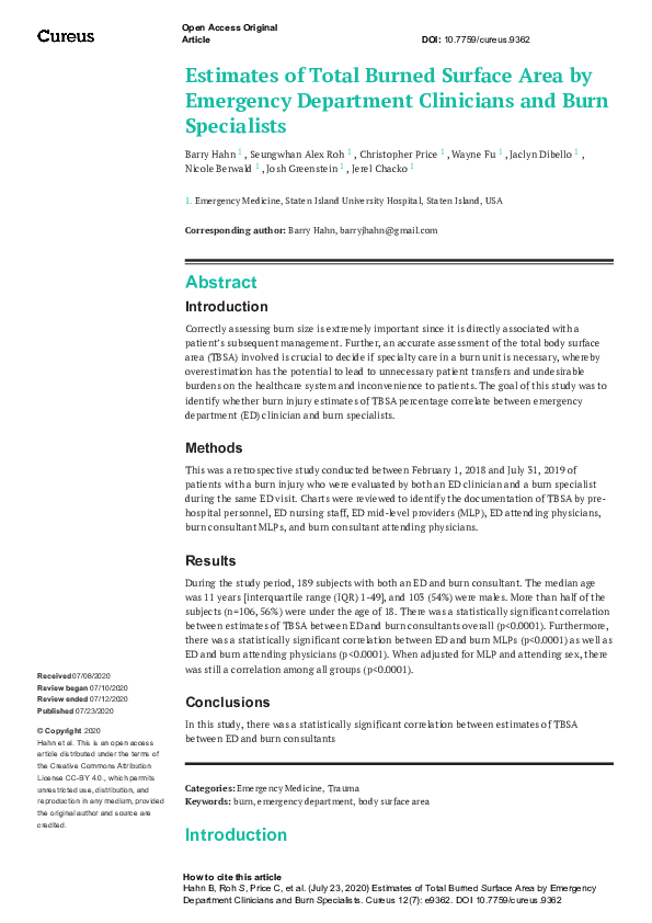 (PDF) Estimates of Total Burned Surface Area by Emergency Department ...