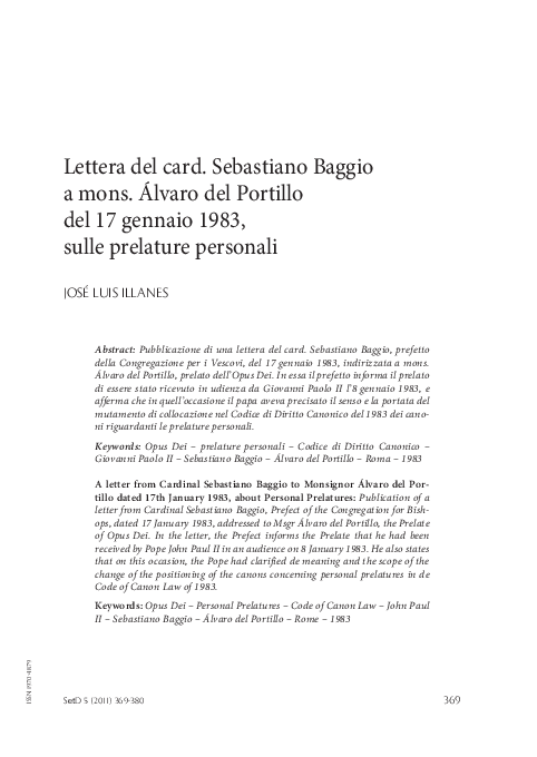 (PDF) Vol. 5/2011 - Lettera del card. Sebastiano Baggio a mons. Álvaro ...